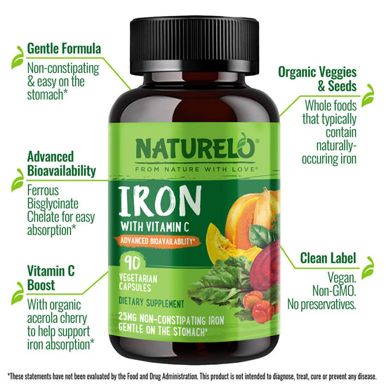 Vegan Iron Supplement with Vitamin C | Naturelo Premium Supplements